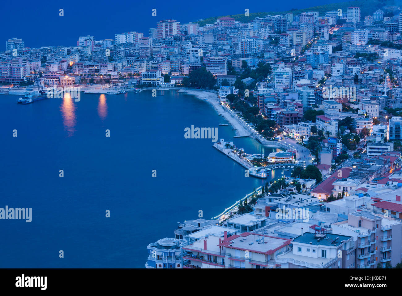 Albania, Albanian Riviera, Saranda, elevated city view, dusk Stock ...