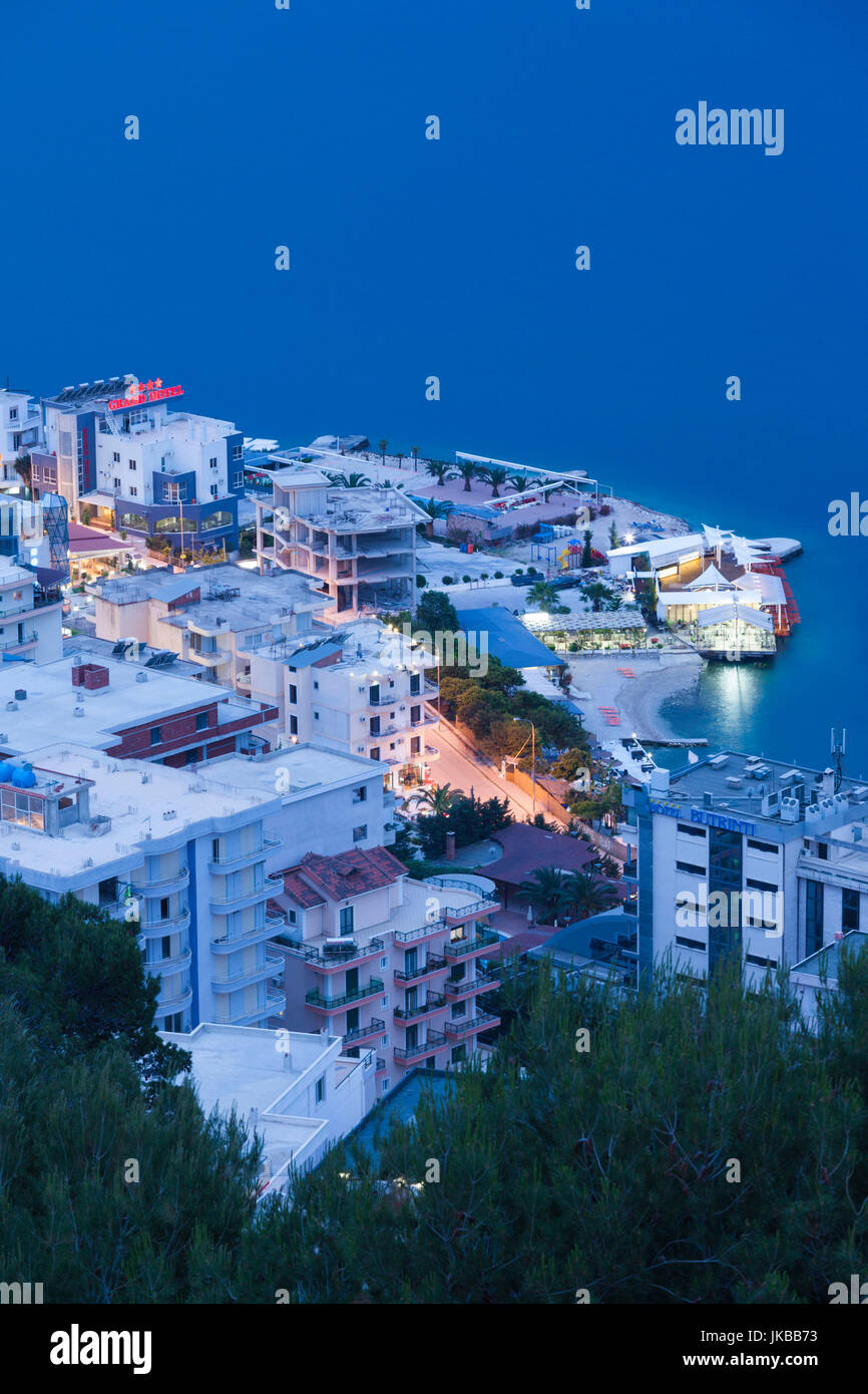 Albania, Albanian Riviera, Saranda, elevated city view, dusk Stock ...