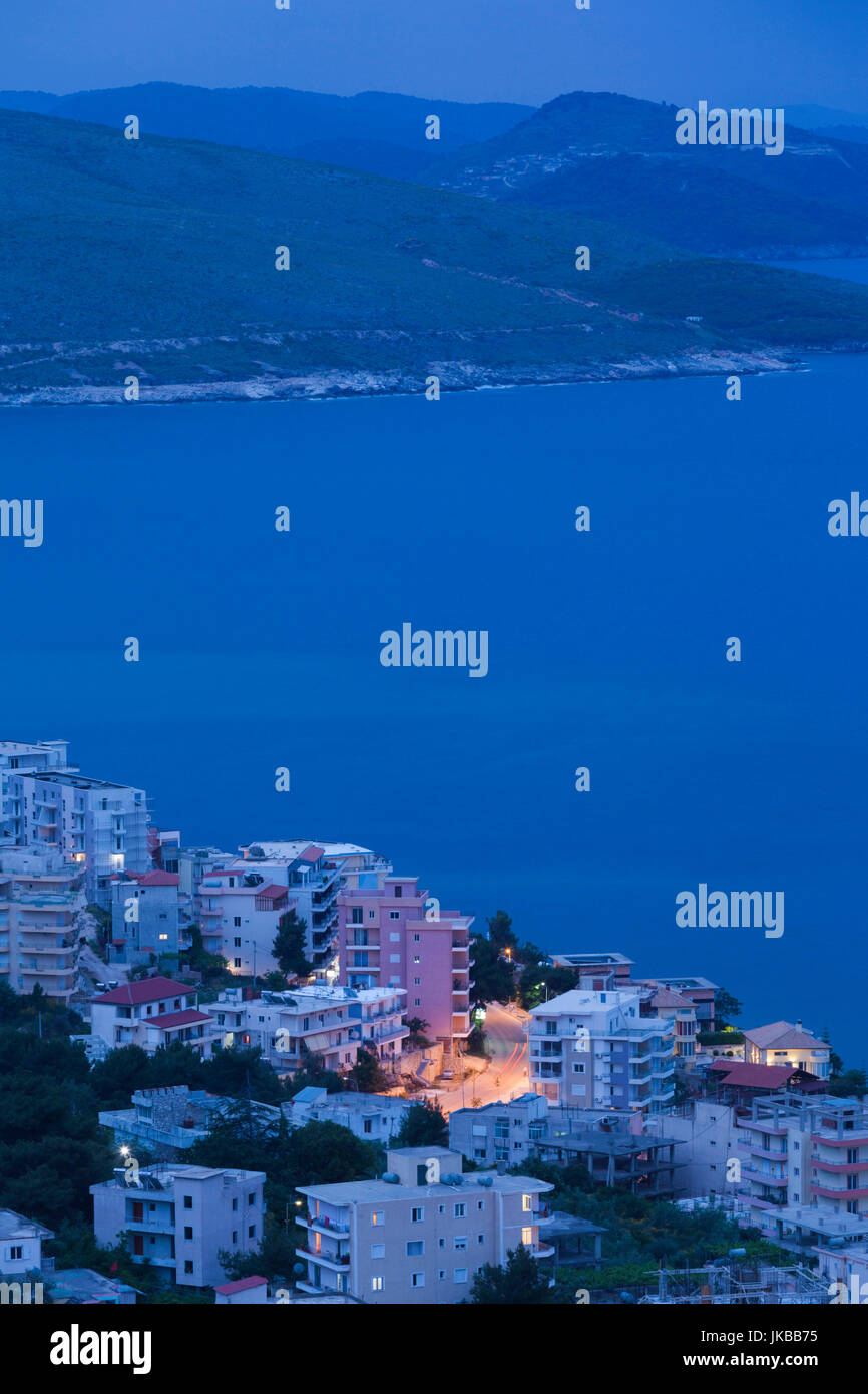 Albania, Albanian Riviera, Saranda, elevated city view, dusk Stock ...