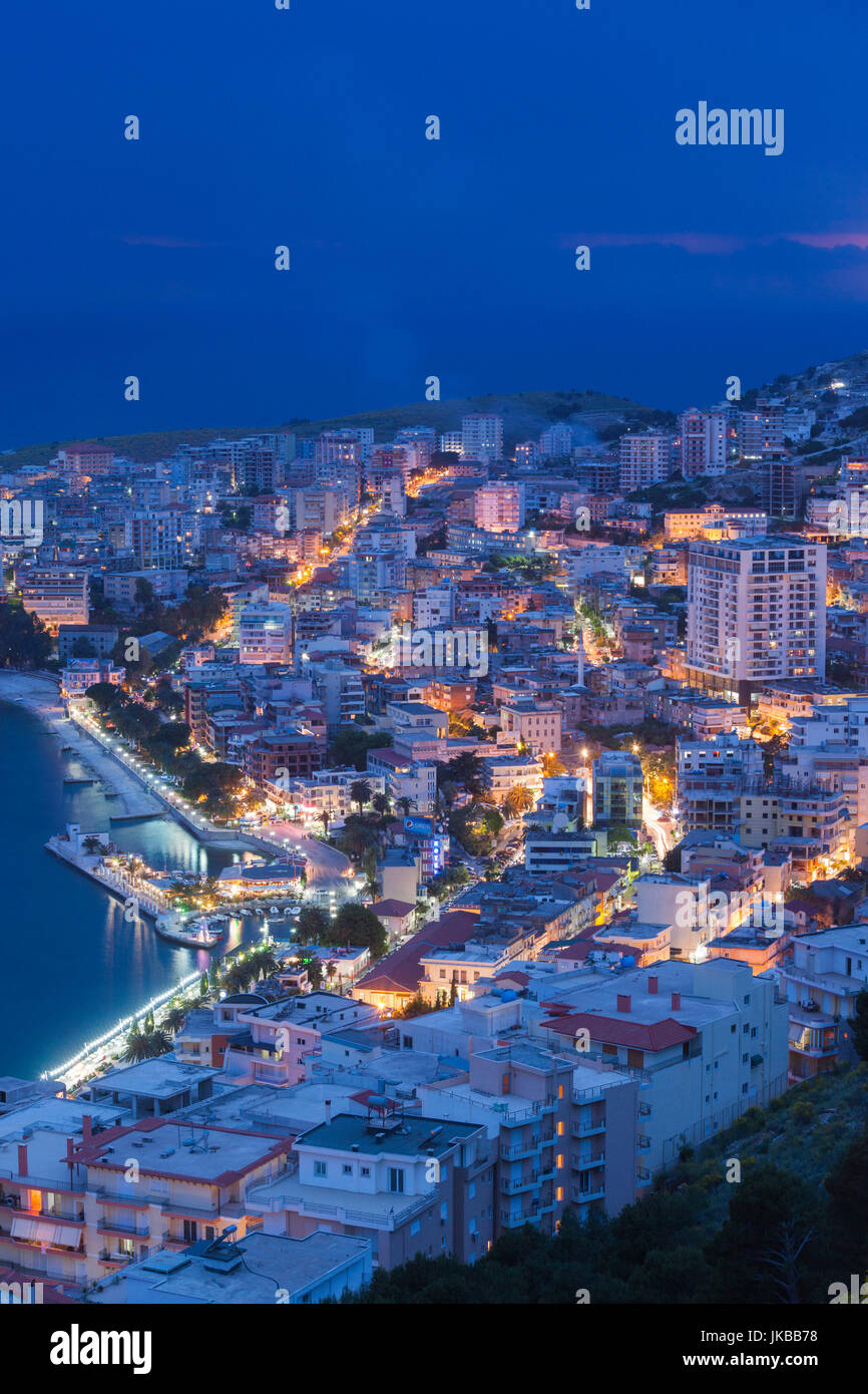 Albania, Albanian Riviera, Saranda, elevated city view, dusk Stock ...