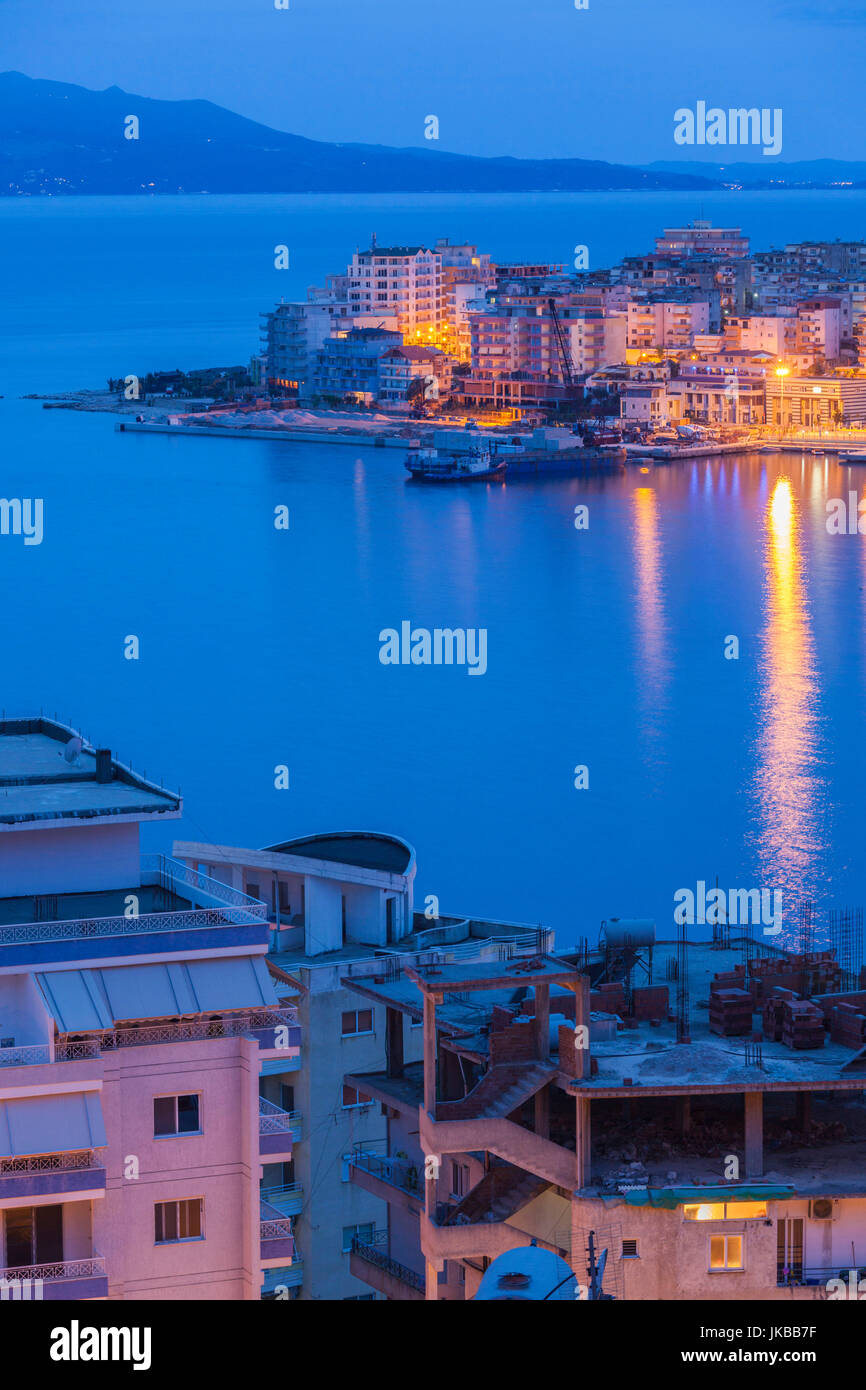 Albania, Albanian Riviera, Saranda, elevated city view, dawn Stock ...