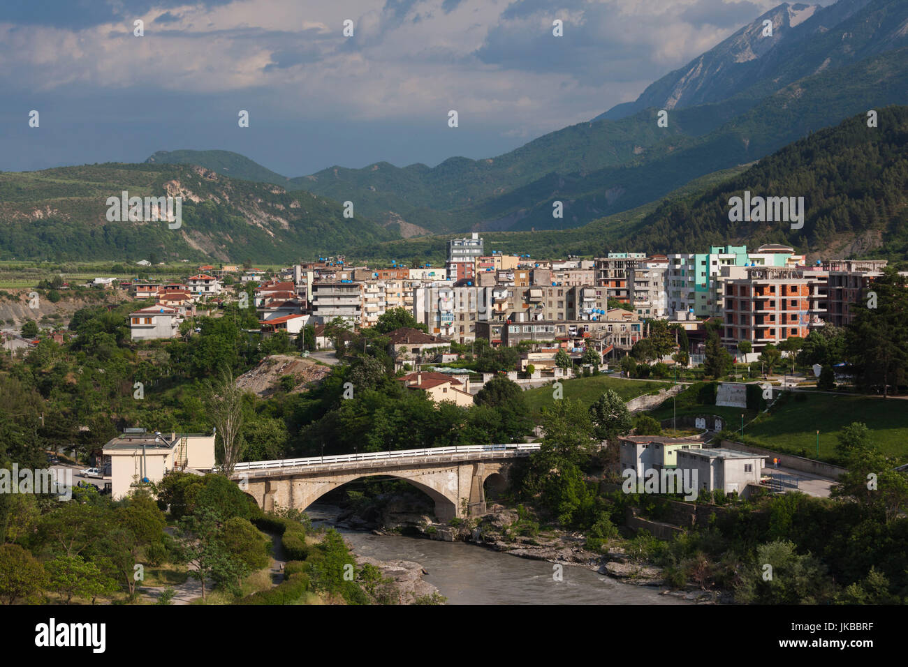 Albania, Permet, elevated town view along the Vjosa River Stock Photo ...