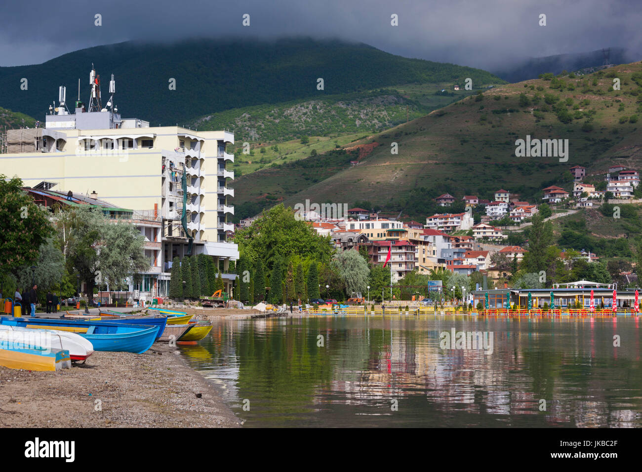Albania, Lake Ohrid-area, Pogradec, lakefront buildlings Stock Photo ...