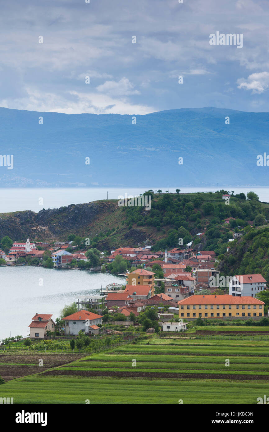 Albania, Lake Ohrid-area, Lin, lakefront town, elevated view Stock ...