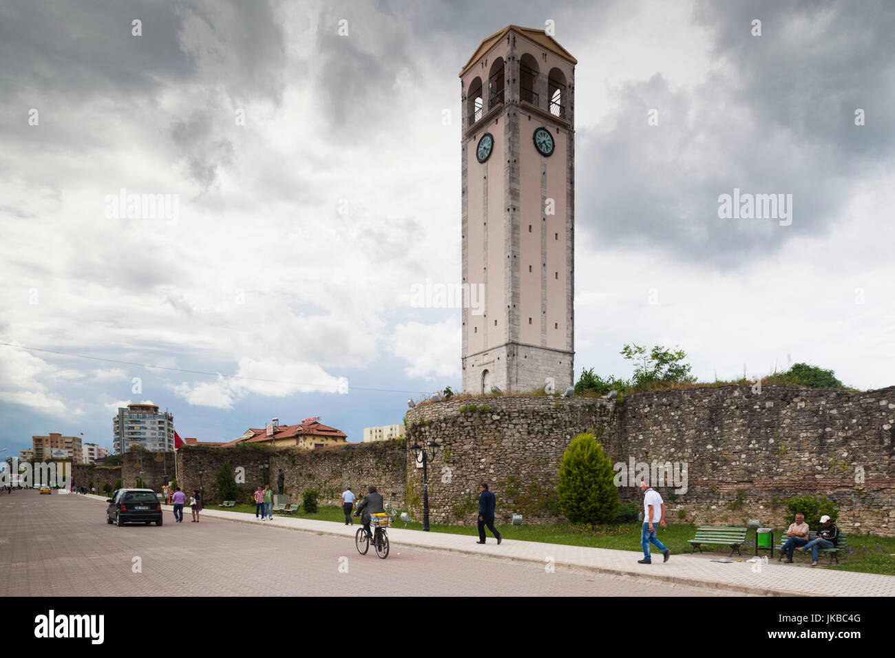 Albania, Elbasan, clock tower and old city walls, Qemal Stafa Street ...