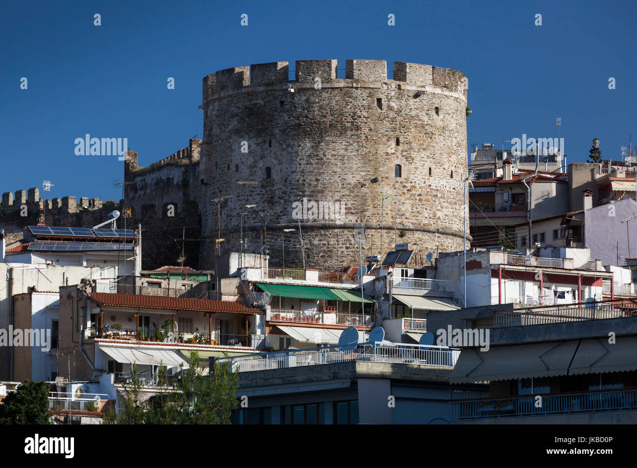 Greece, Central Macedonia Region, Thessaloniki, elevated view of the Upper Town with city walls ...