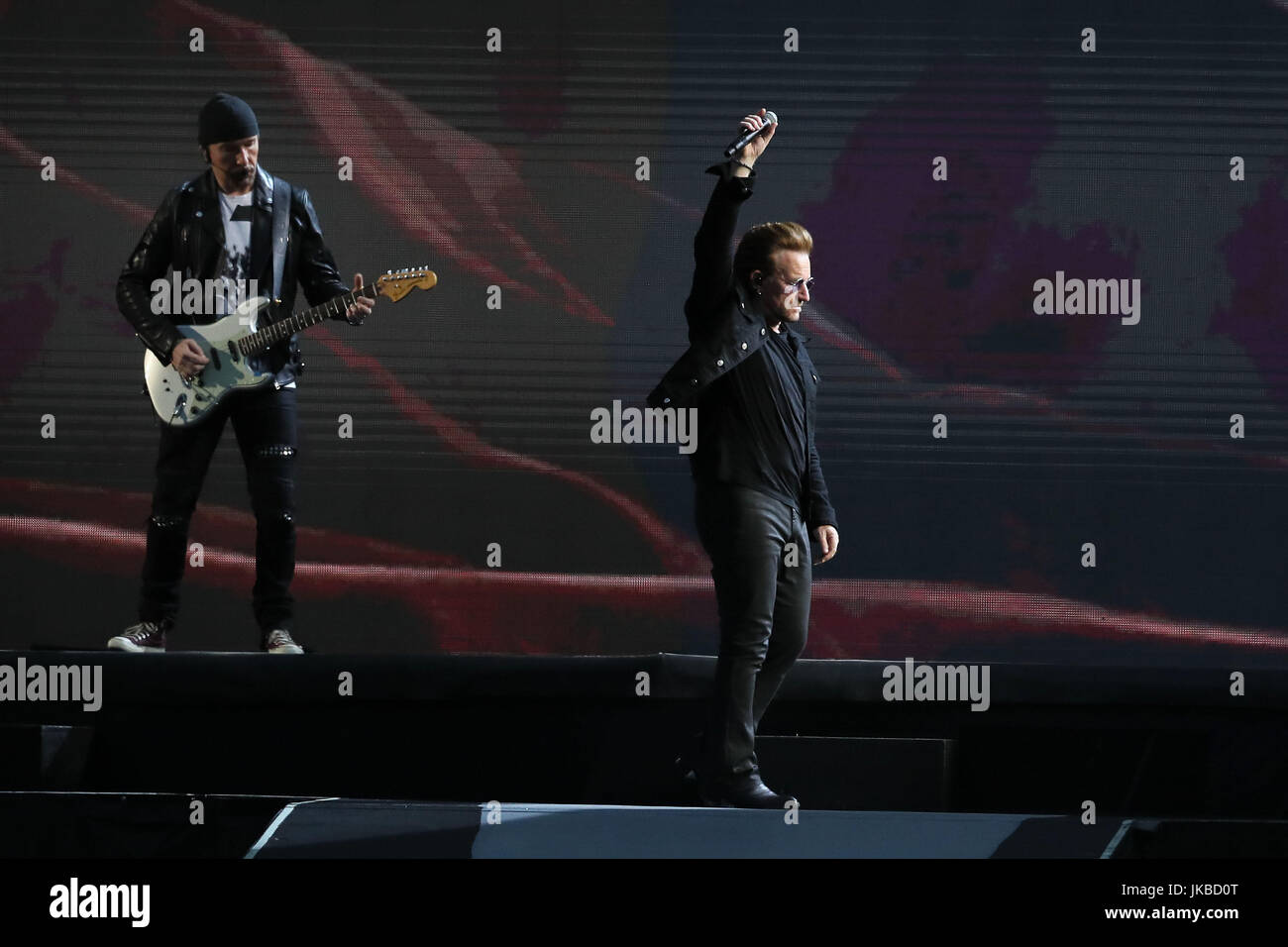 The Edge and Bono of U2 performing on stage at Croke Park in Dublin ...