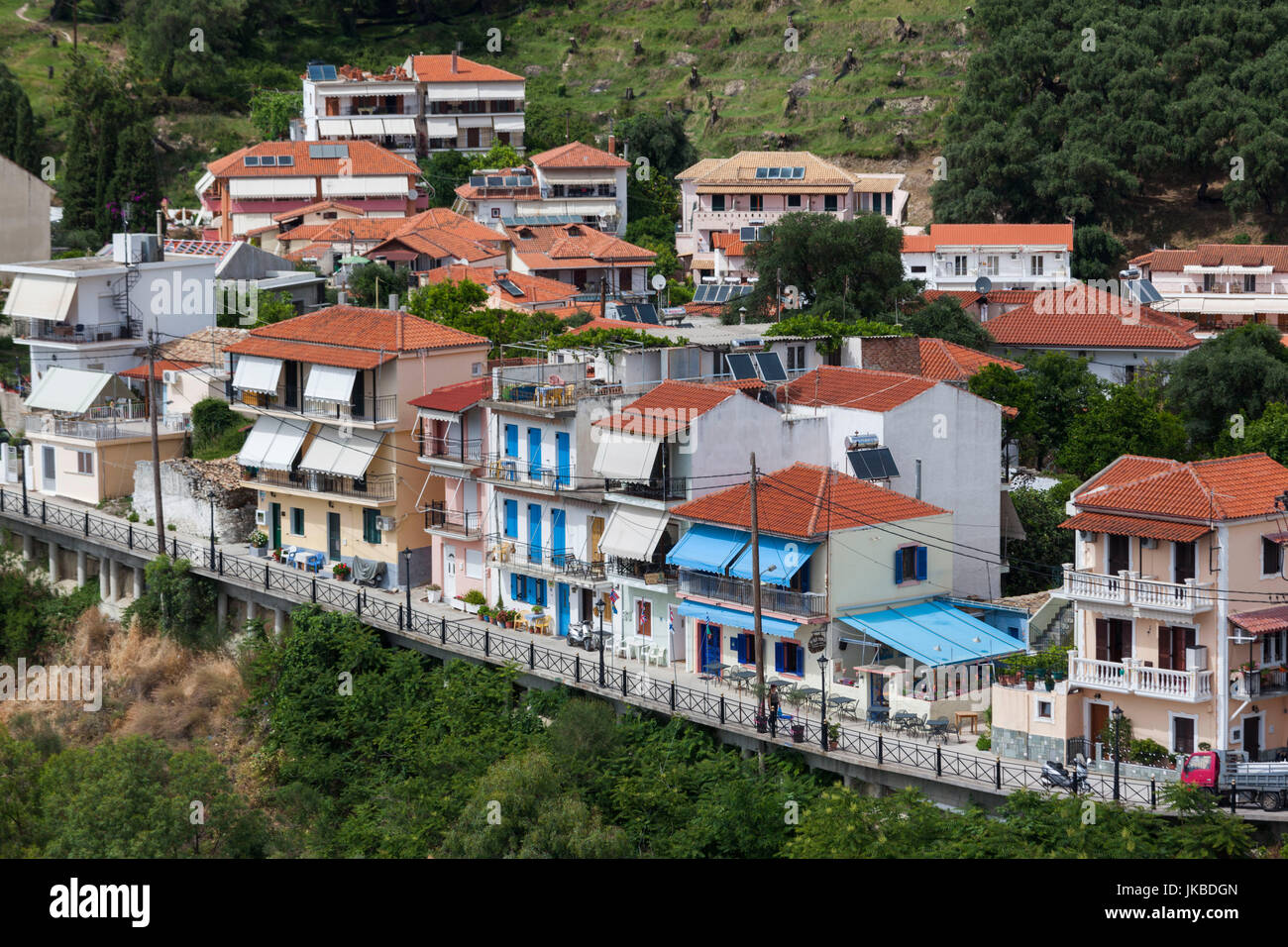 Greece, Epirus Region, Parga, elevated view of Upper Town from the ...