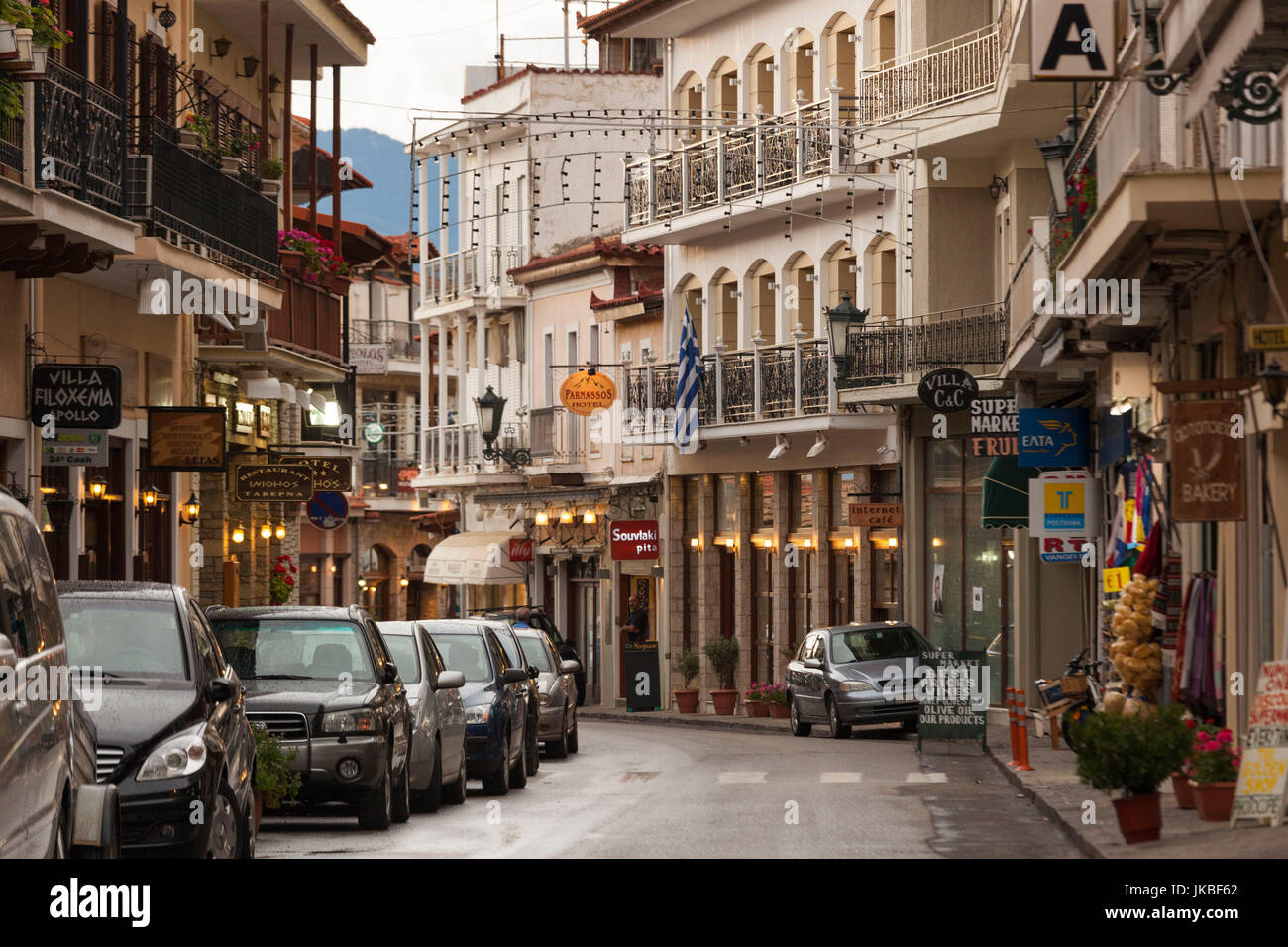 Greece, Central Greece Region, Delphi, town main street, dusk Stock Photo - Alamy