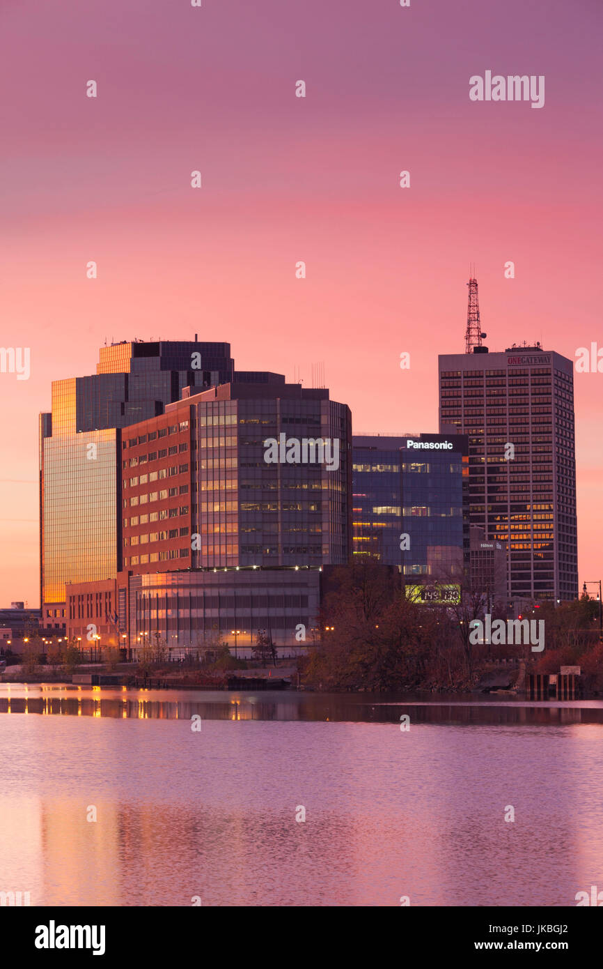 USA, New Jersey, Newark, city skyline from Passaic River, dawn Stock ...