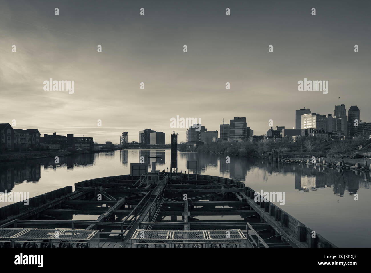 USA, New Jersey, Newark, city skyline from Passaic River, dawn Stock ...