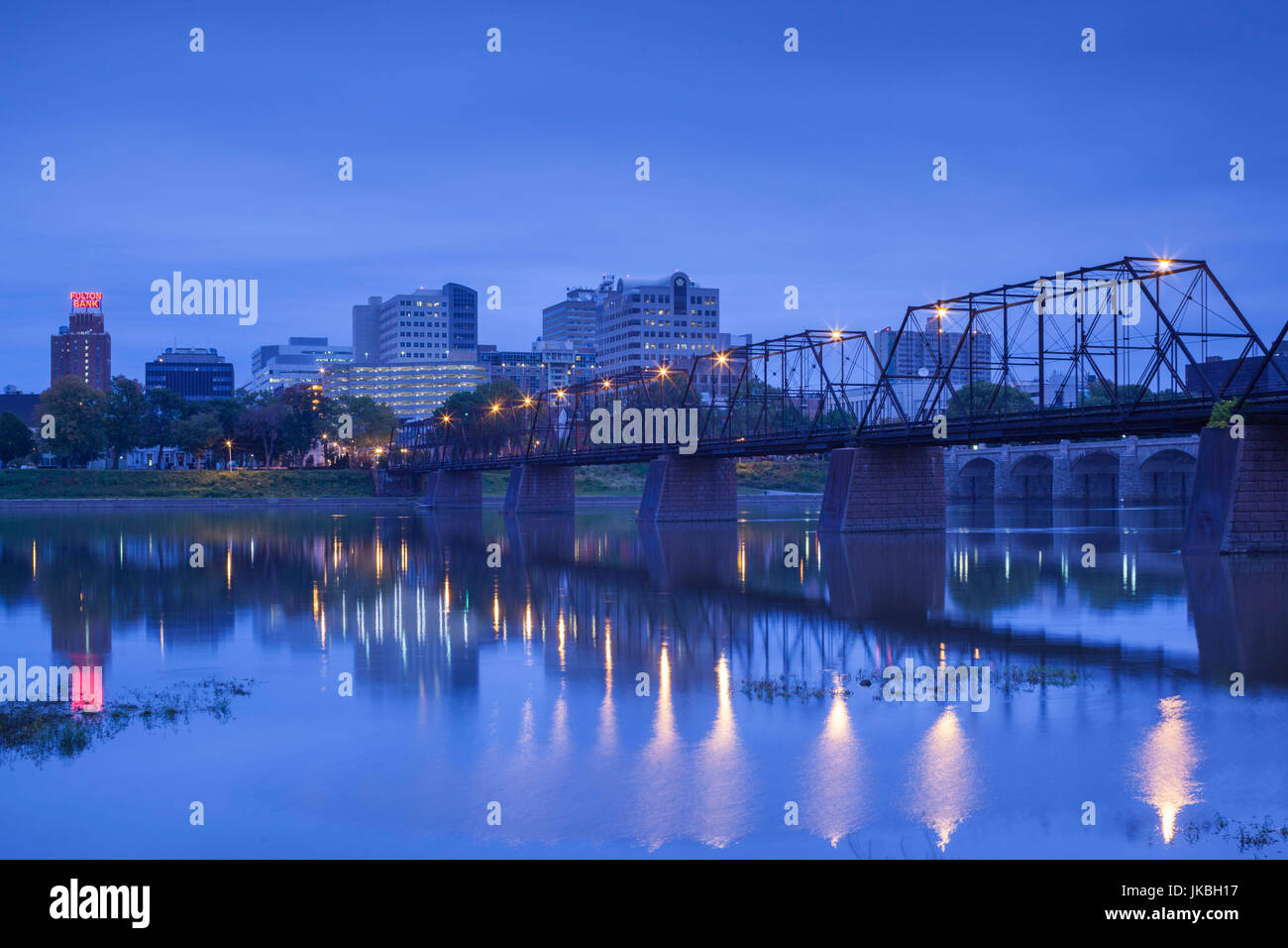 USA, Pennsylvania, Harrisburg, city skyline from the Susquehana River ...