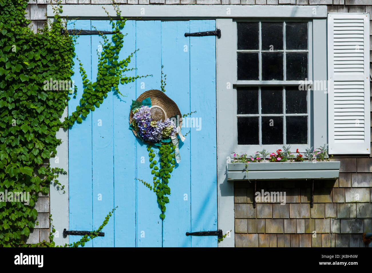 USA, Massachusetts, Cape Cod, Barnstable, door with hat, summer Stock ...