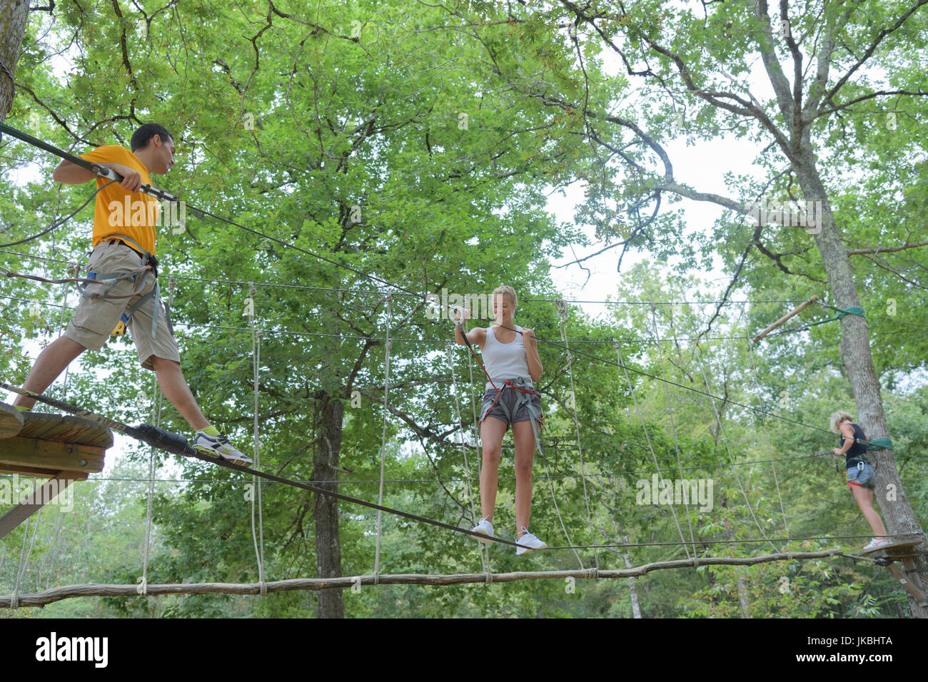 family on a rope climbing in the adventure park Stock Photo - Alamy