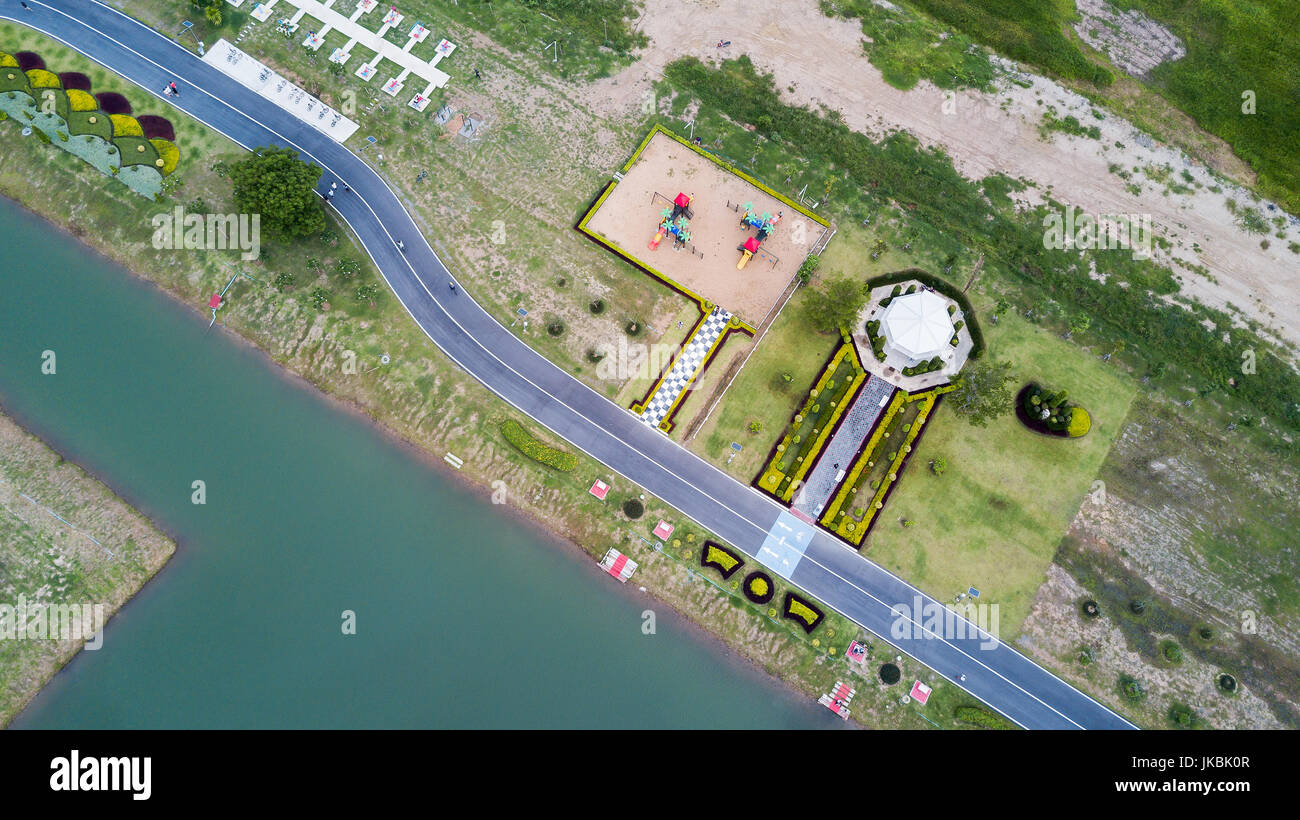 Aerial view of health park and running track with children playground ...