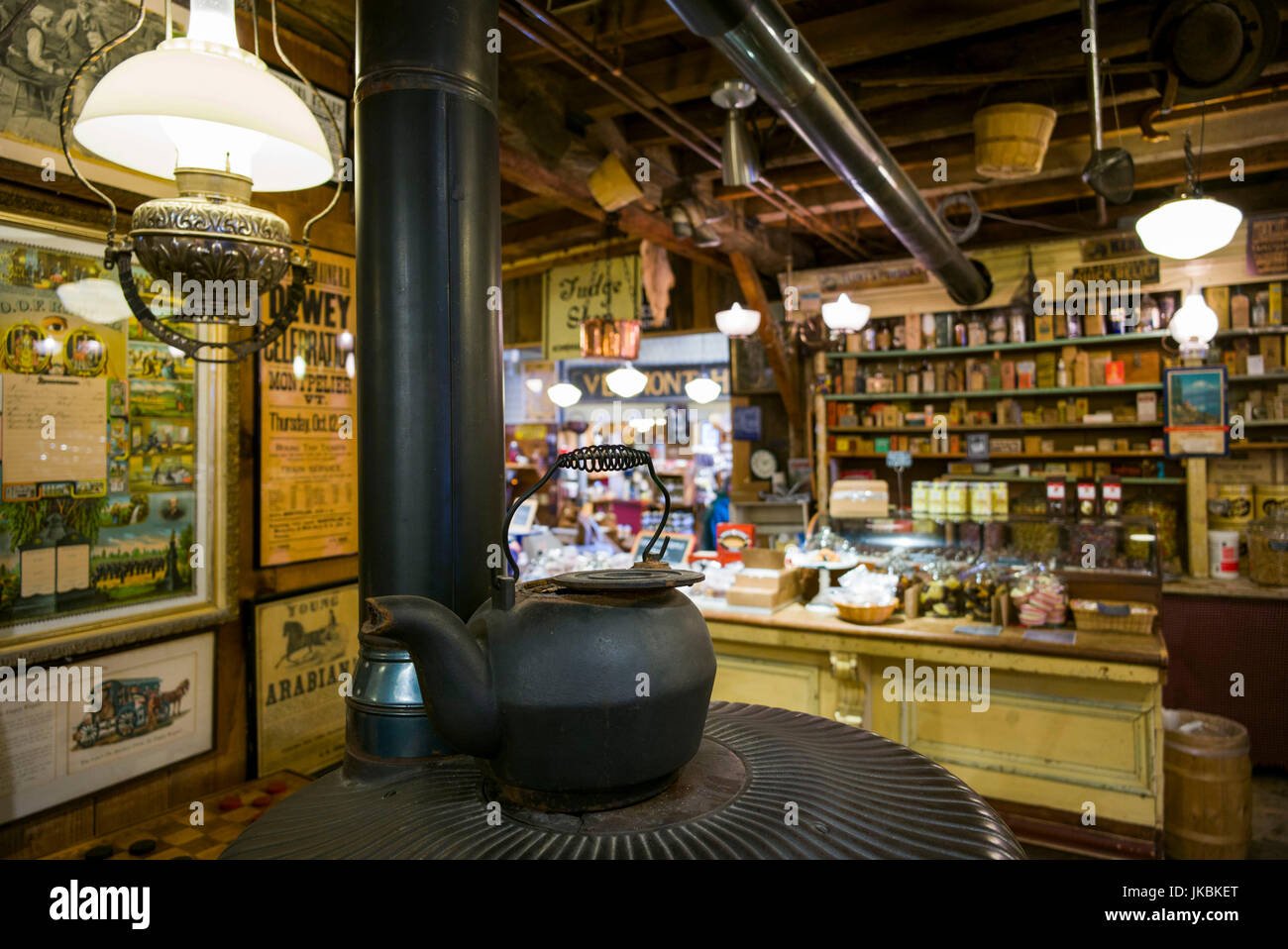 USA, Weston, The Vermont Country Store, pot-bellied Stove, interior ...