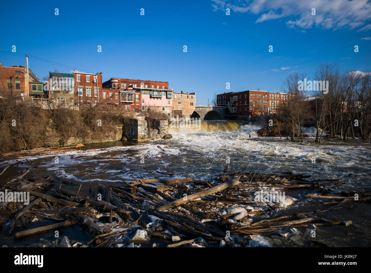 USA, Vermont, Middlebury, Town view from Otter Creek Falls, spring ...