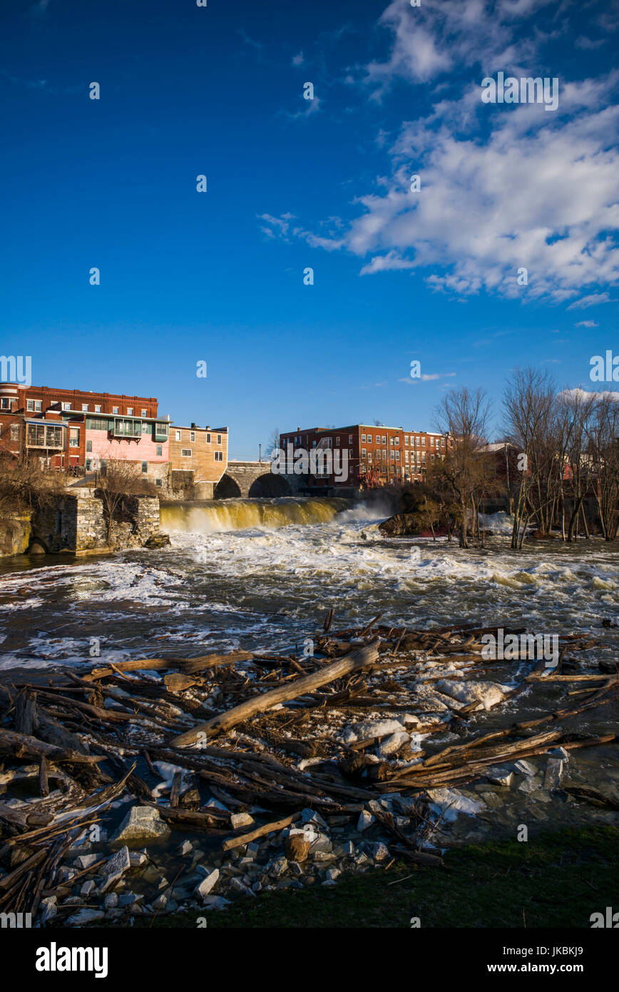 USA, Vermont, Middlebury, Town view from Otter Creek Falls, spring ...