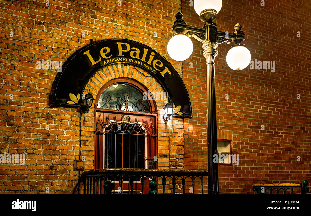 Quebec City, Canada - May 31, 2017: Closeup of Le Palier sign on brick ...
