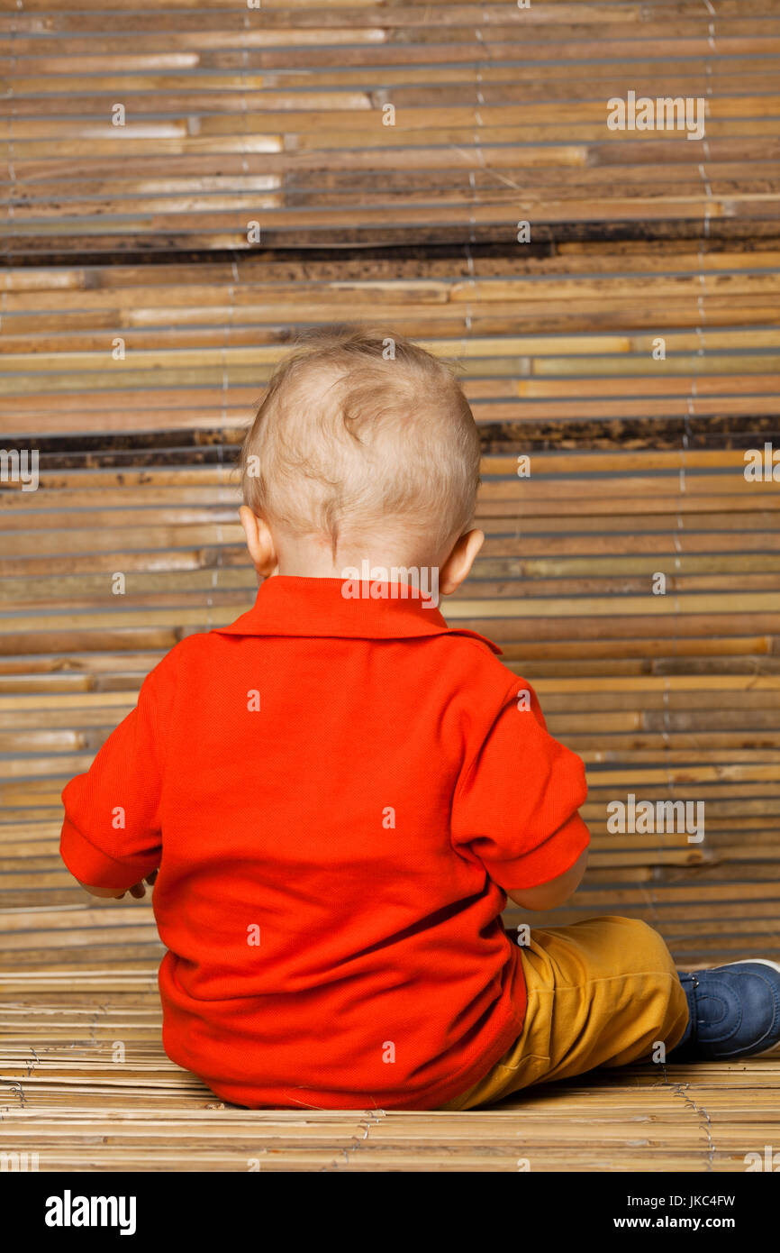 baby boy sitting on the floor, facing back, on bamboo background Stock ...