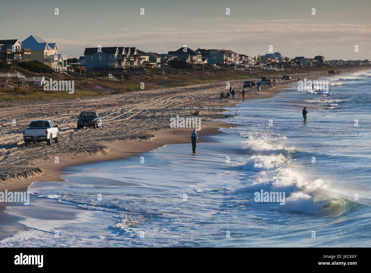 USA, North Carolina, Atlantic Beach, elevated view of surf fishing ...
