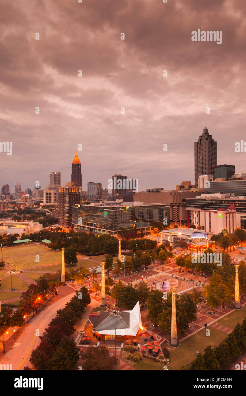 USA, Georgia, Atlanta, Centenial Olympic Park, elevated city view, dusk ...