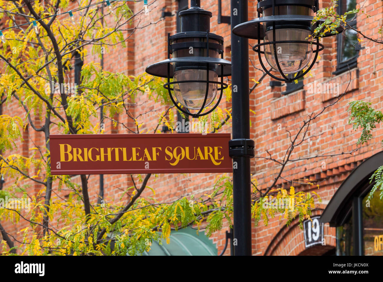 USA, North Carolina, Durham, sign for Brightleaf Square, entertainment ...