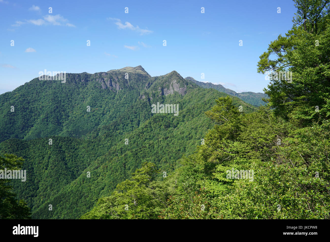 Scenic summer view of Japanese mountain landscape with green forests ...