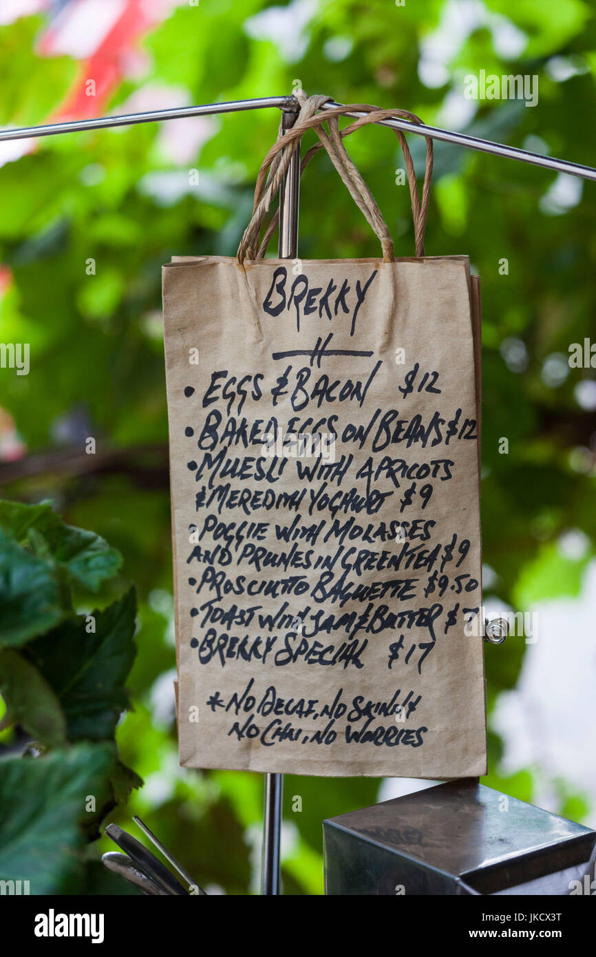 Australia, Victoria, VIC, Daylesford, tabletop breakfast menu, brekky ...