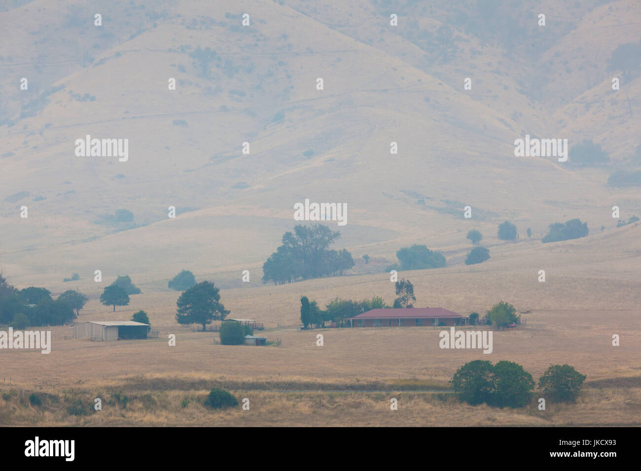 Australia, Victoria, VIC, Huon, landscape by Lake Hume with forest fire ...