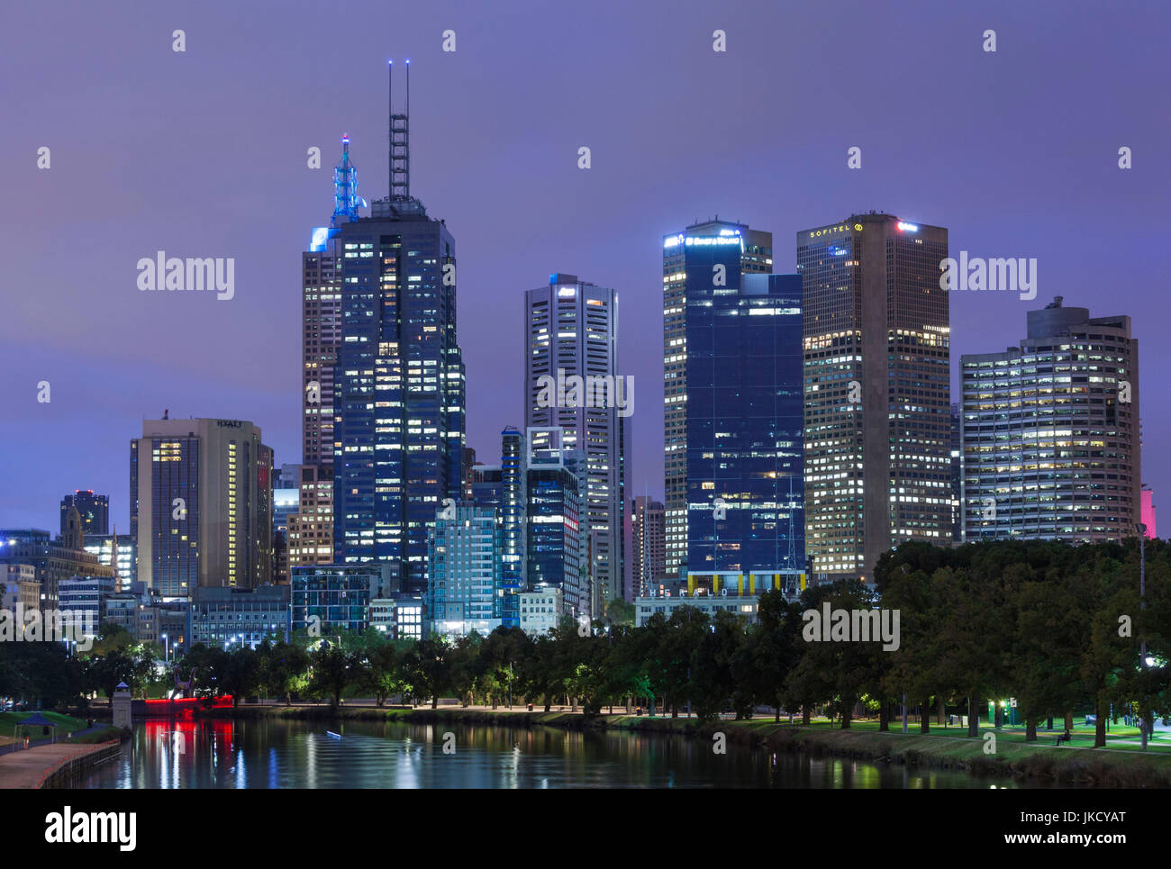 Australia, Victoria, VIC, Melbourne, skyline along Yarra River, dawn ...