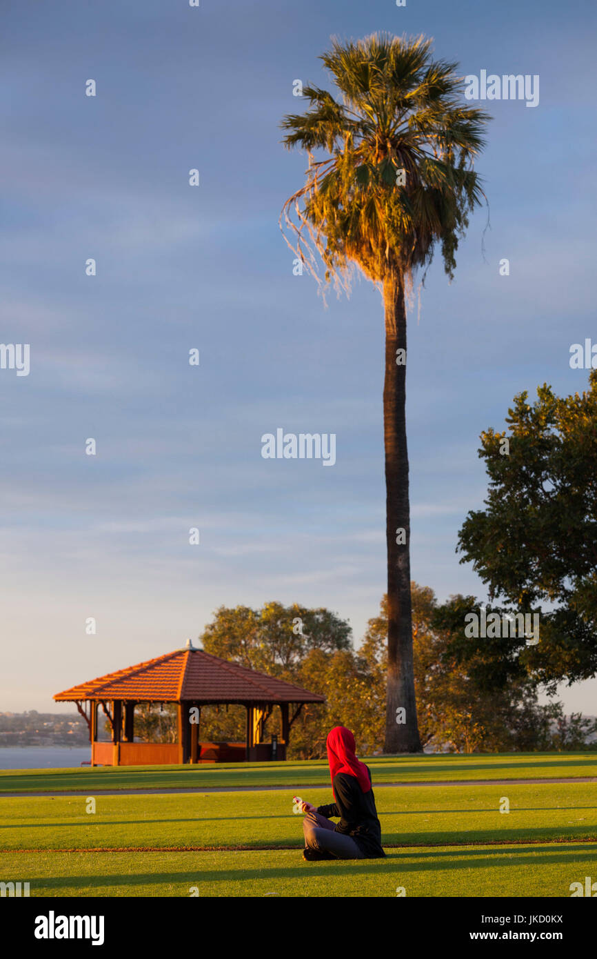 Australia, Western Australia, Perth, Kings Park, Asian woman and palm ...