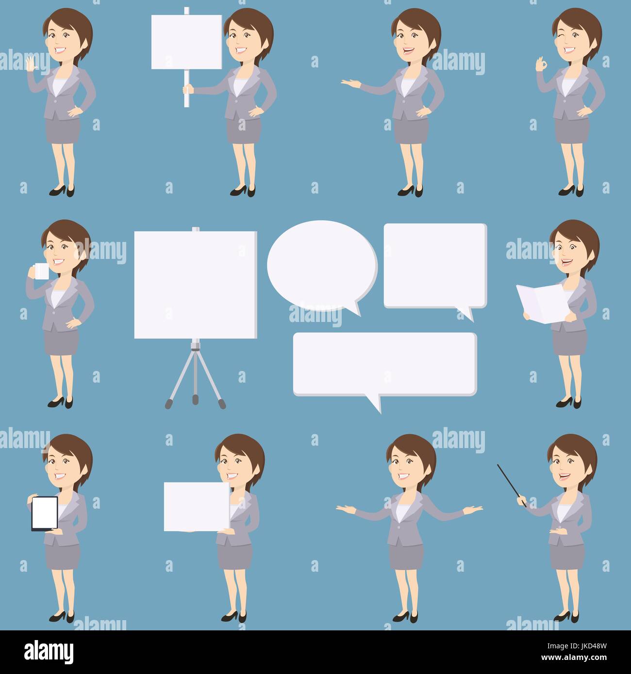 Business woman cartoon character set in presentation with whiteboard ...