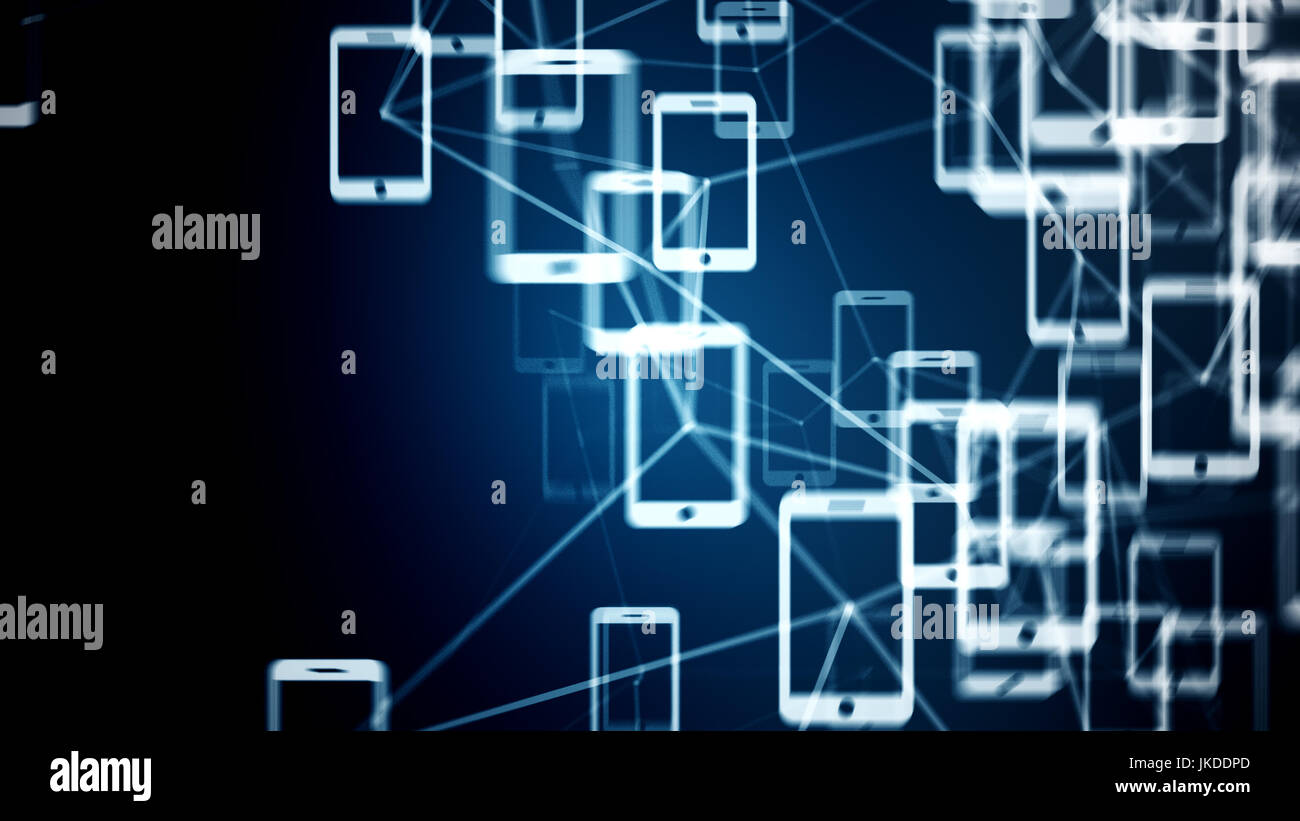 a lot of connections between phones, IT concept of cloud technology ...