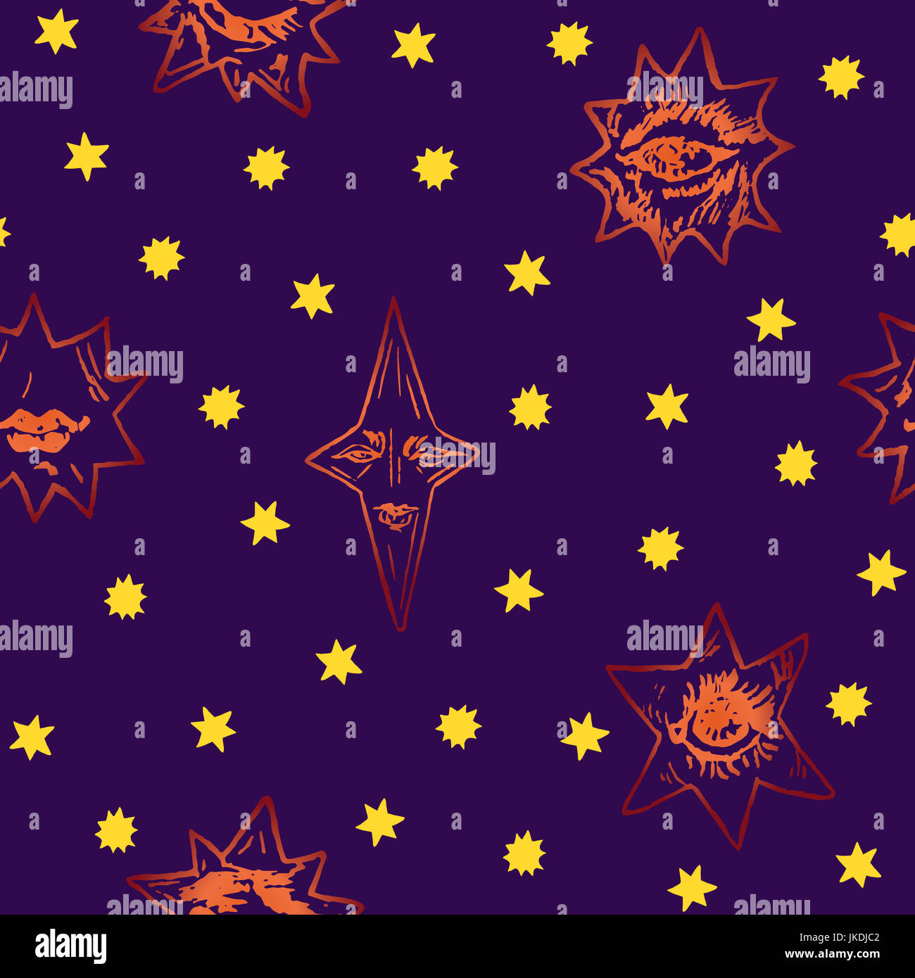 Stars of different shapes with mysterious faces, lips and eyes, old ...