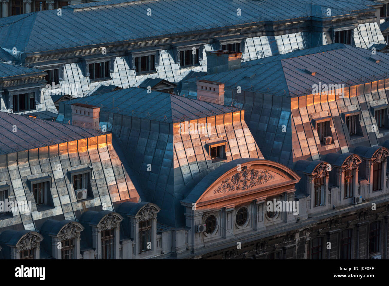 Romania, Bucharest, Lipscani, Old Town, building detail, elevated view ...