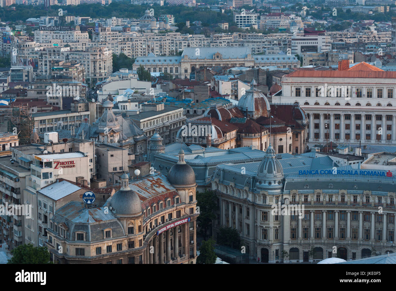 Romania, Bucharest, Lipscani, Old Town, elevated view, dusk Stock Photo ...