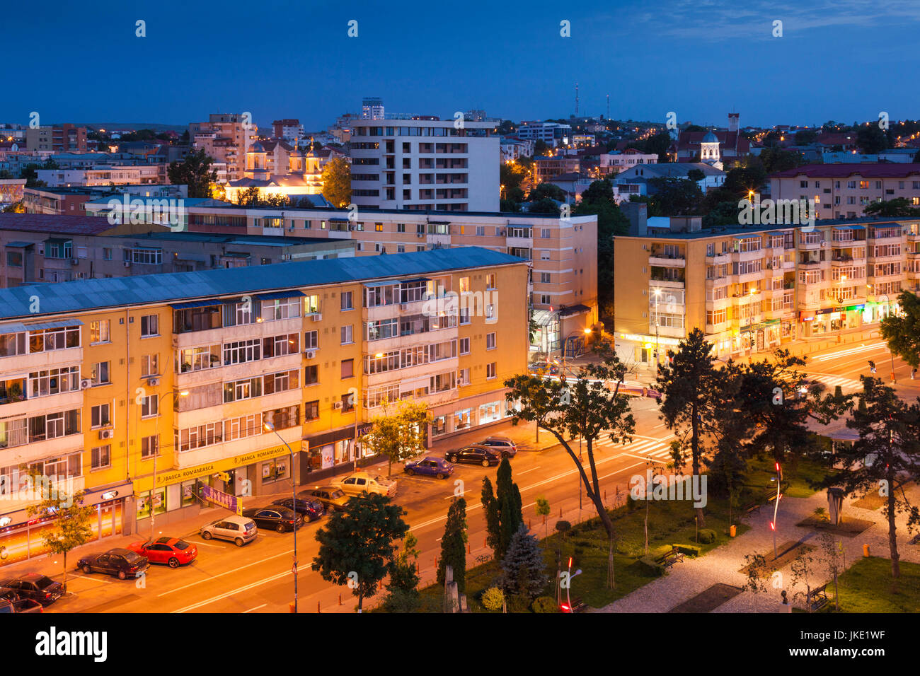 Romania, Danube River Delta, Tulcea, elevated city view, dusk Stock ...