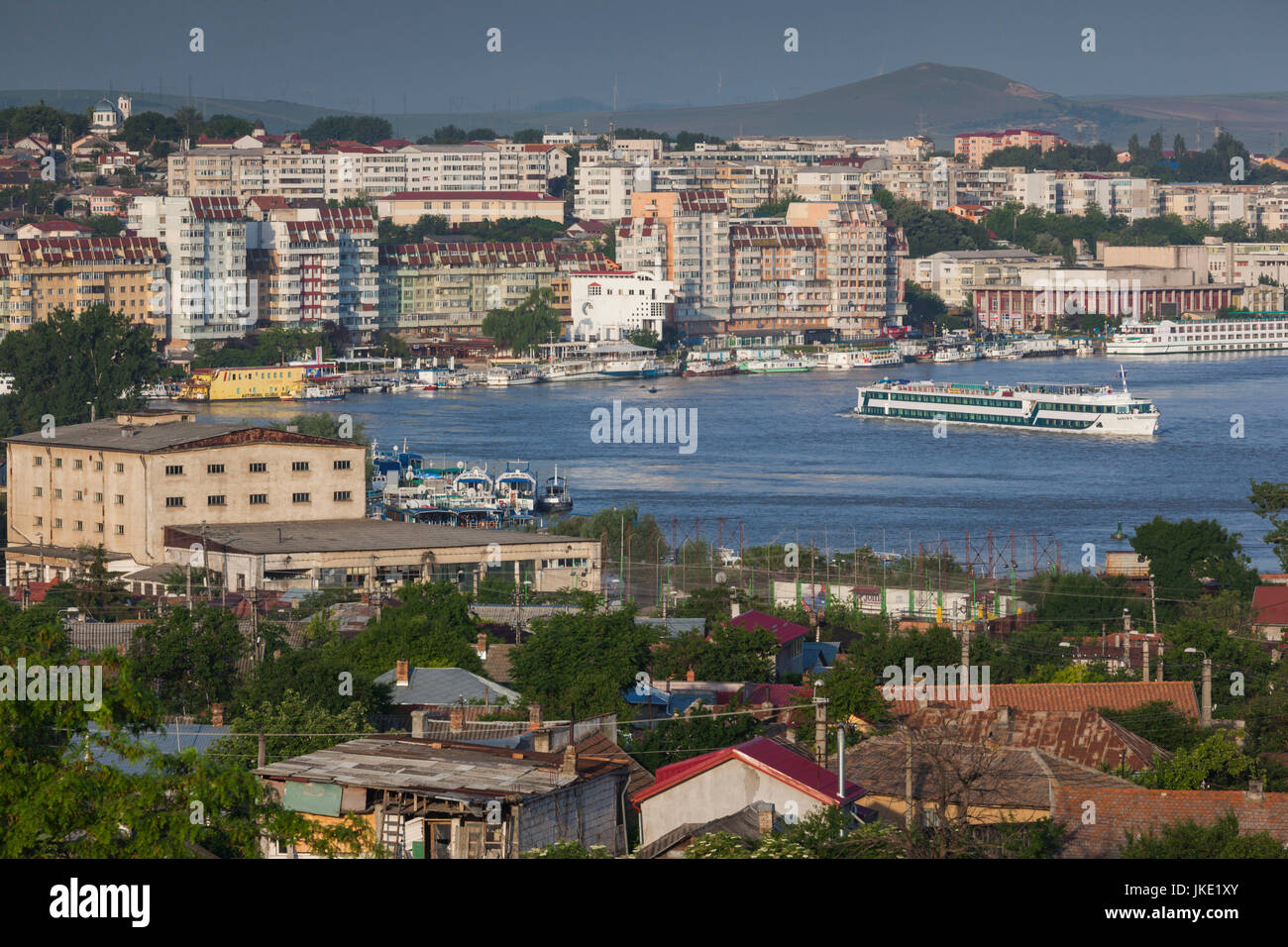 Romania, Danube River Delta, Tulcea, elevated view of riverboat on the ...