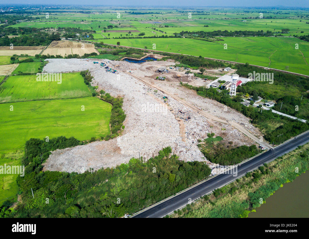 aerial view from drone: garbage in Municipal landfill for household ...