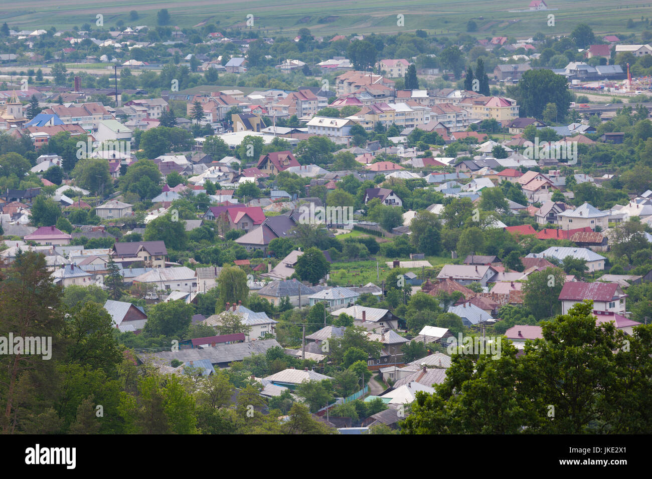 Romania, Moldovia Region, Targu Neamt, elevated town view from the ...