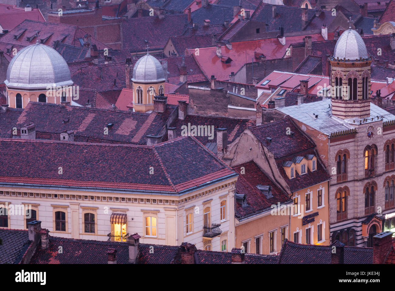 Romania, Transylvania, Brasov, Piata Sfatului, elevated view of town ...