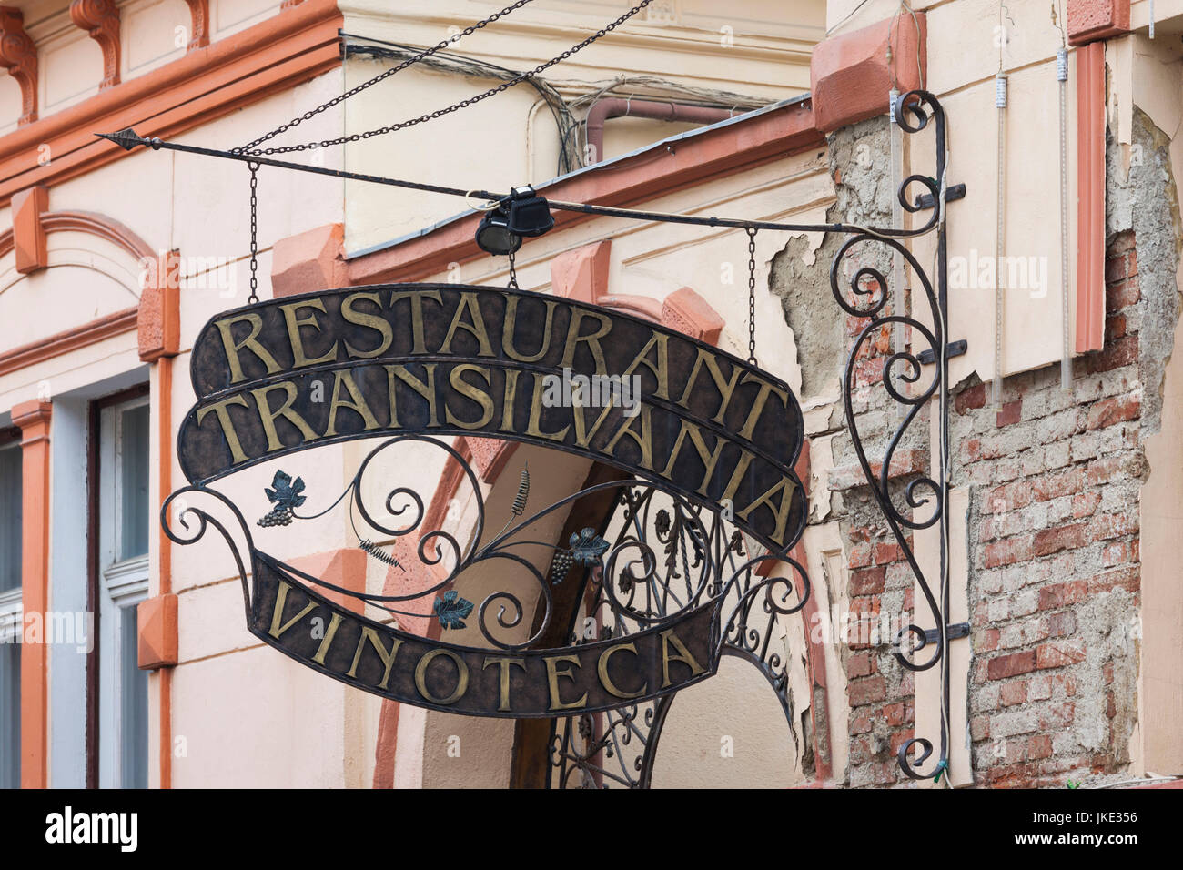 Romania, Transylvania, Brasov, Transylvania Restaurant, wine bar sign ...