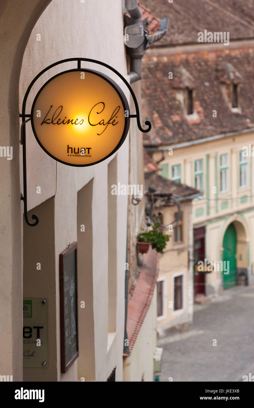 Romania, Transylvania, Sibiu, Piata Huet Square, sign for the Kleines ...