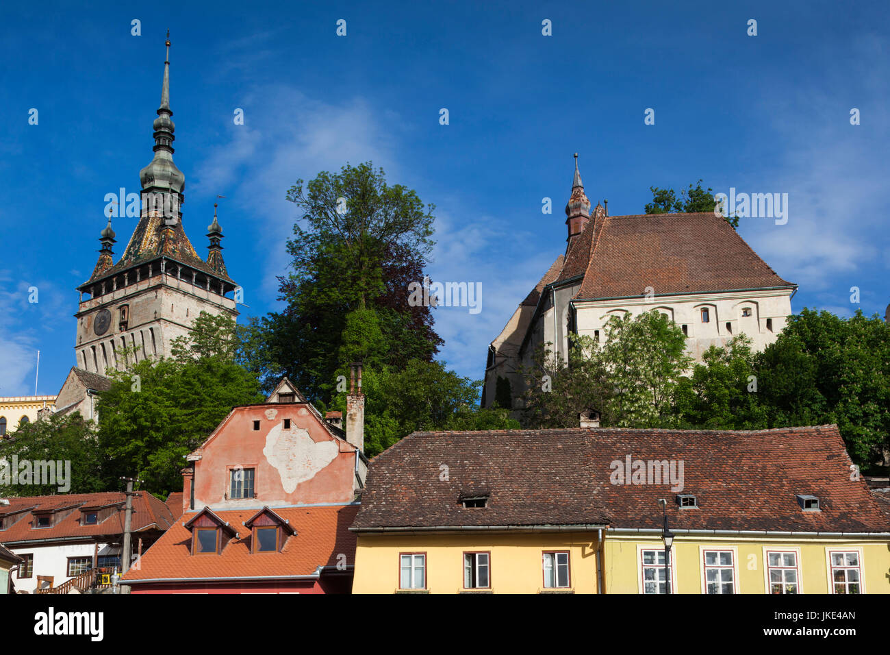 Romania, Transylvania, Sighisoara, clock tower, built in 1280, morning ...