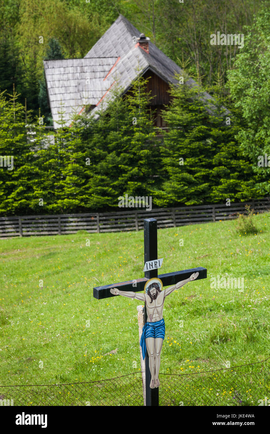 Romania, Transylvania, Tihuta Pass, mountain crucifix at the pass also ...