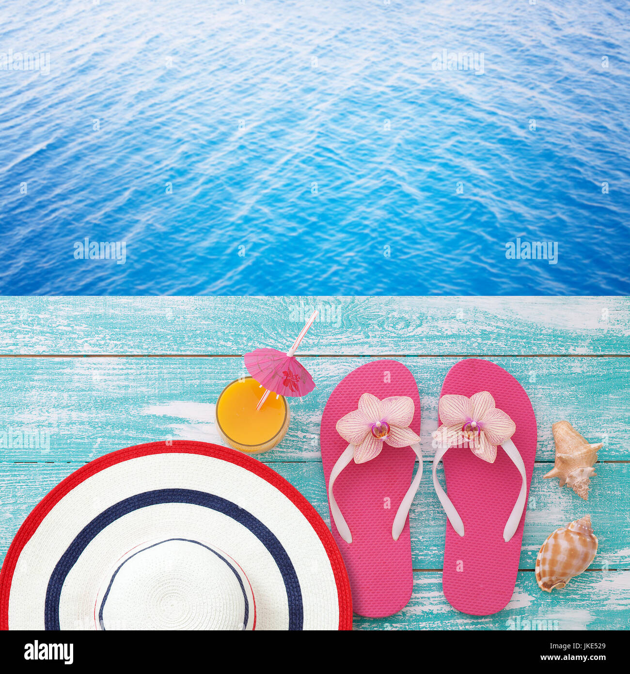 Summer fun time and accessories on blue wooden background. Mock up ...