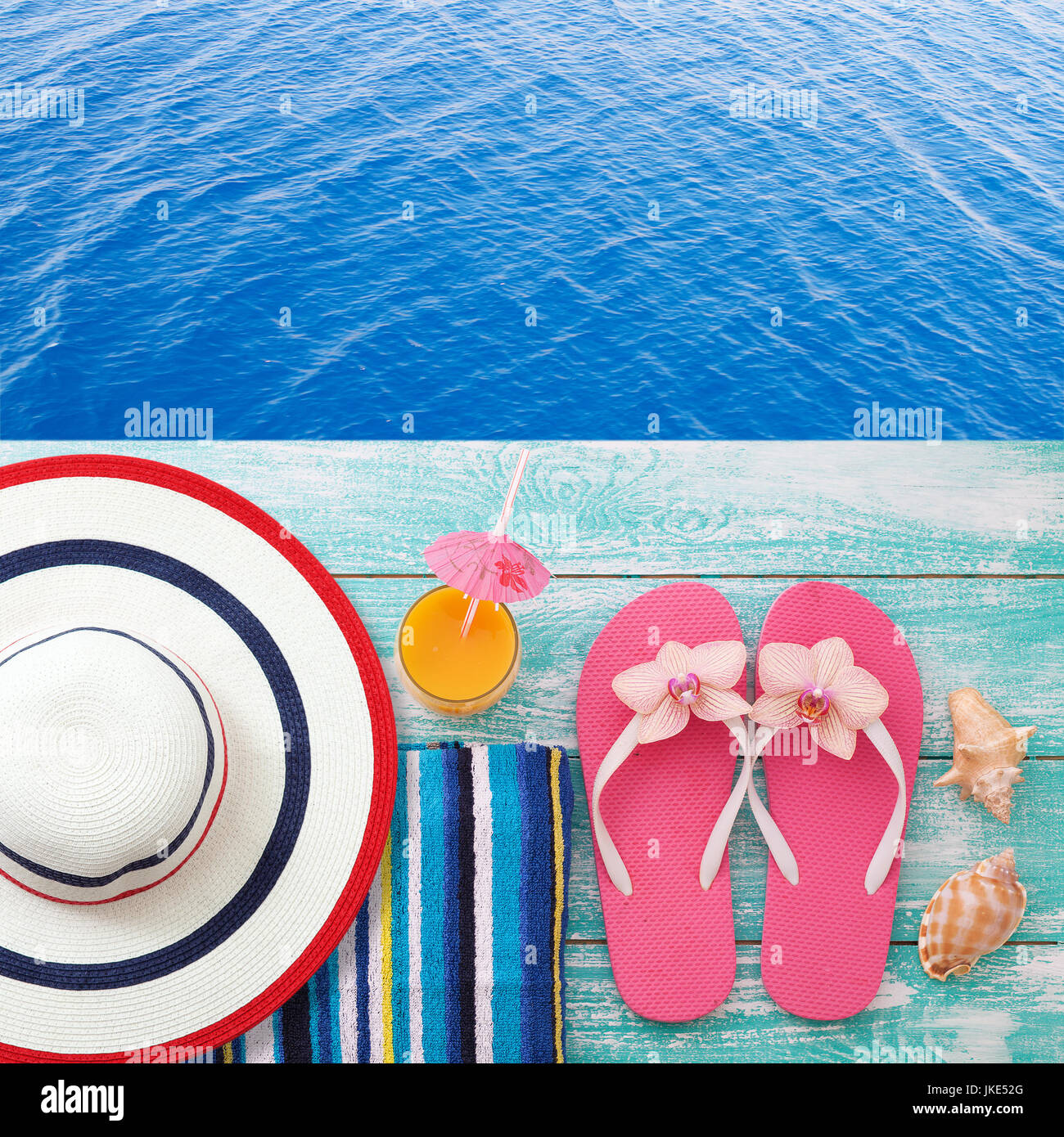 Summer fun time and accessories on blue wooden background. Mock up ...