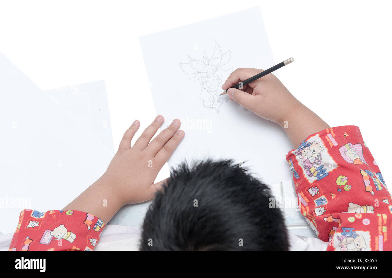 boy drawing cartoon on white paper isolated on white background Stock ...