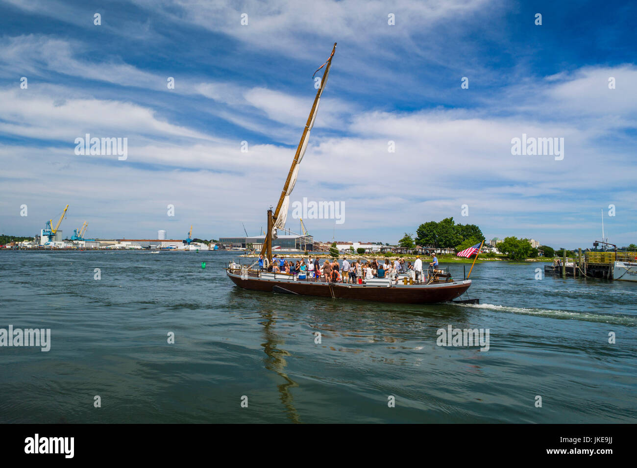 USA, New Hampshire, Portsmouth, Gundalow boat on the Piscatauqua River ...